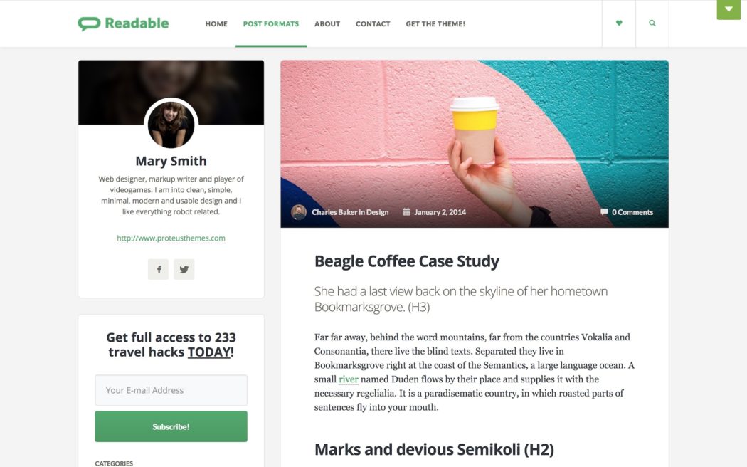 A niche Blogging WordPress Theme from ProteusThemes